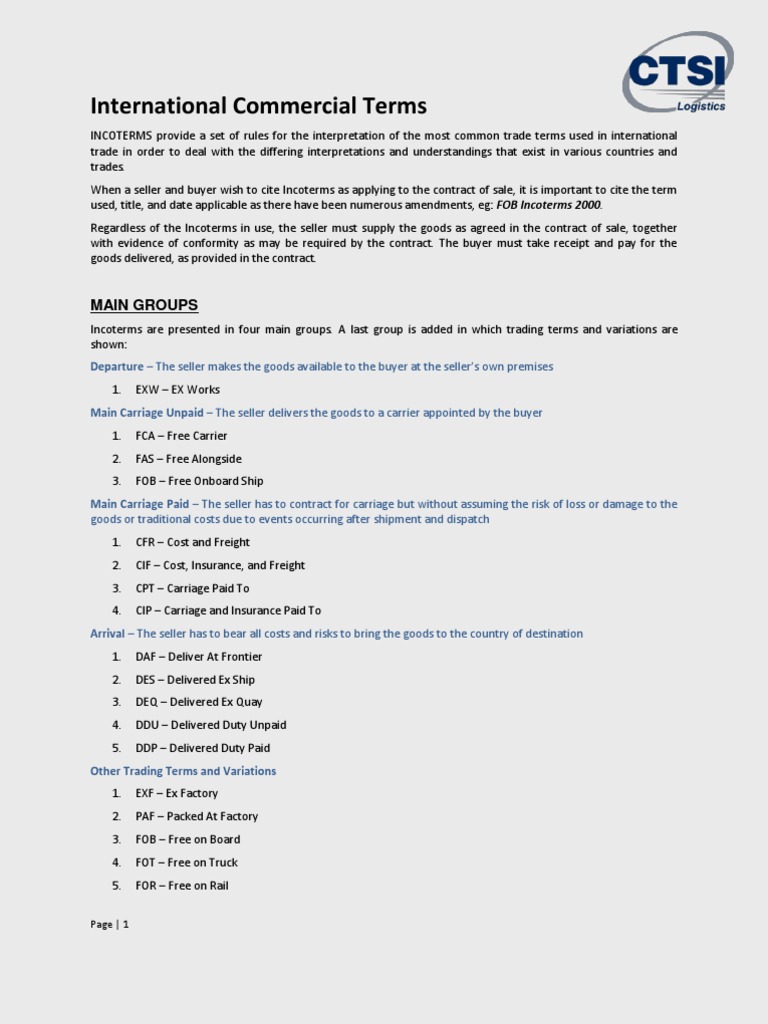 International Commercial Terms: Main Groups | PDF | Trade | Supply ...