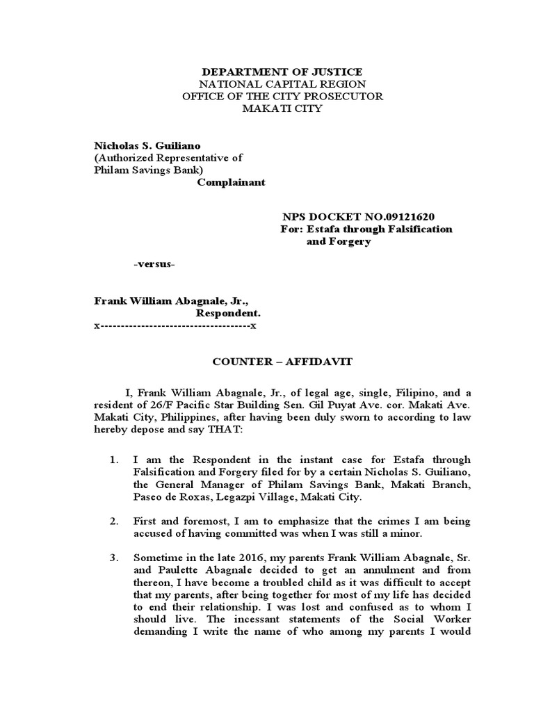 Counter Affidavit Estafa Forgery Falsification Draft | PDF | Common Law | Public Law