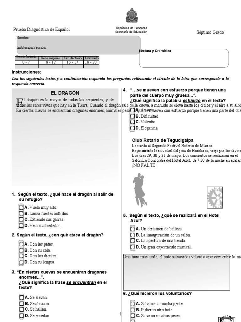 Prueba Diagnóstica 7º Español (2011) | PDF