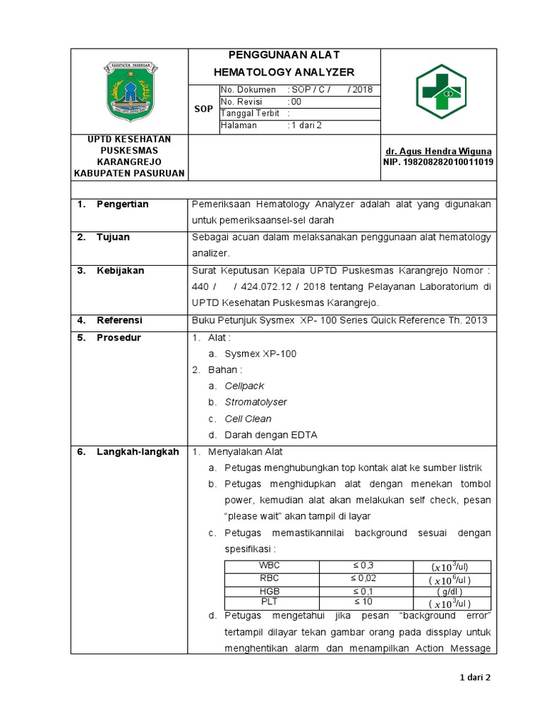 SOP Penggunaan Hematology Analyzer | PDF