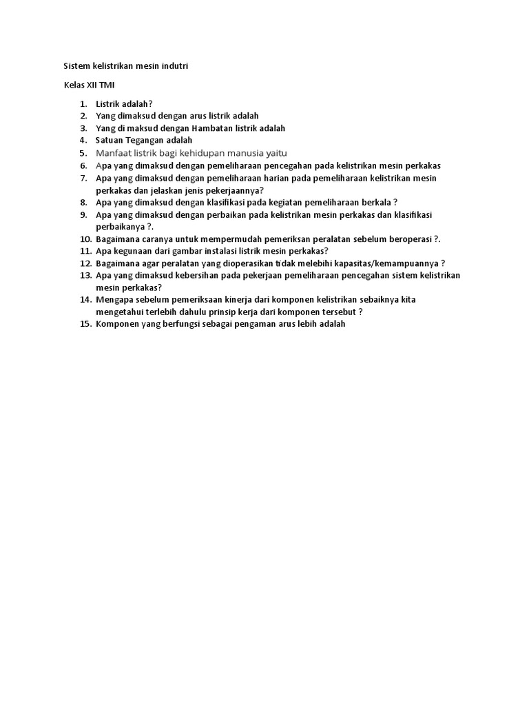 Soal Sistem Kelistrikan Mesin Industri Xii Tmi | PDF