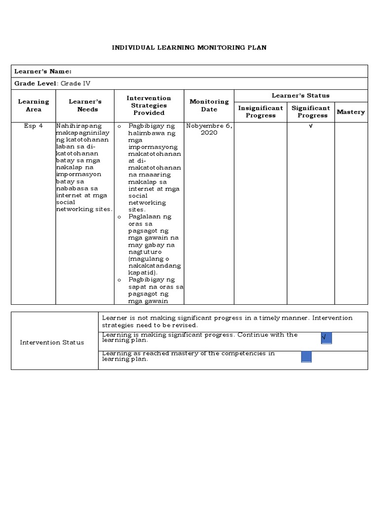Individual Learning Monitoring Plan (Sample Template) | PDF