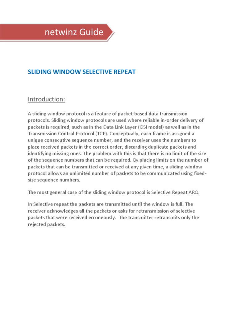 SLIDING WINDOW SELECTIVE REPEAT Netwinz | PDF | Transmission Control ...
