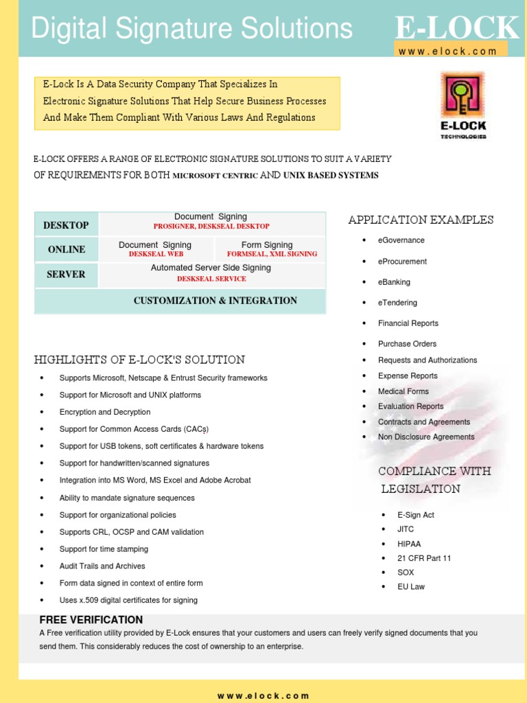 E-Lock: Digital Signature Solutions | PDF | Public Key Certificate ...