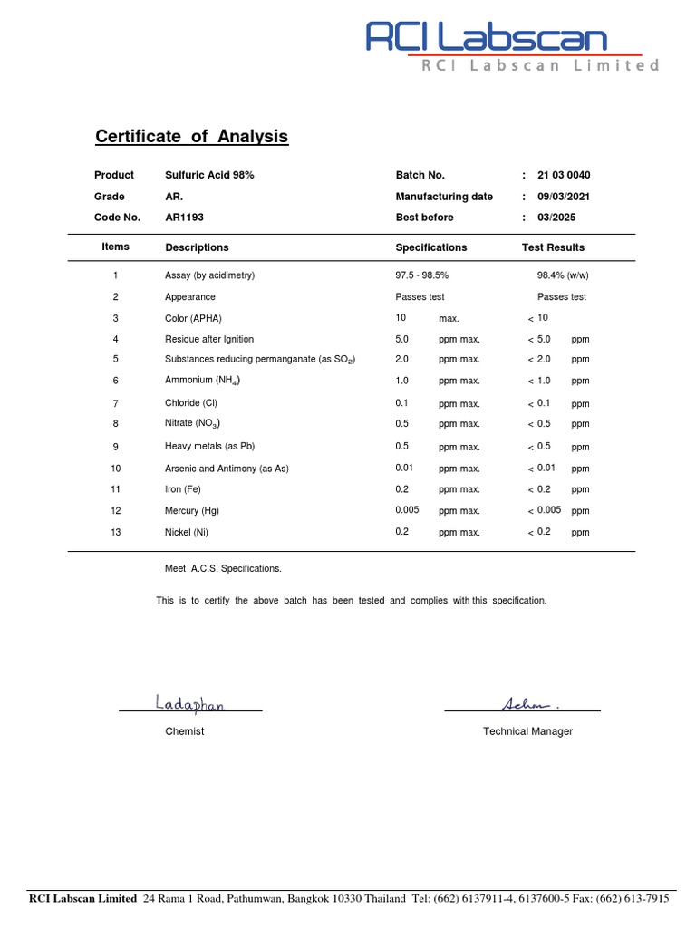 Certificate of Analysis | PDF | Ammonium | Materials
