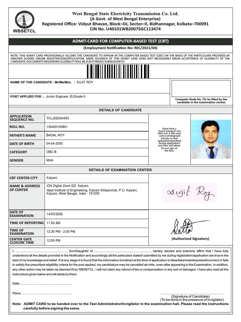 Admit-Card For Computer-Based Test (CBT) | PDF | Identity Document ...