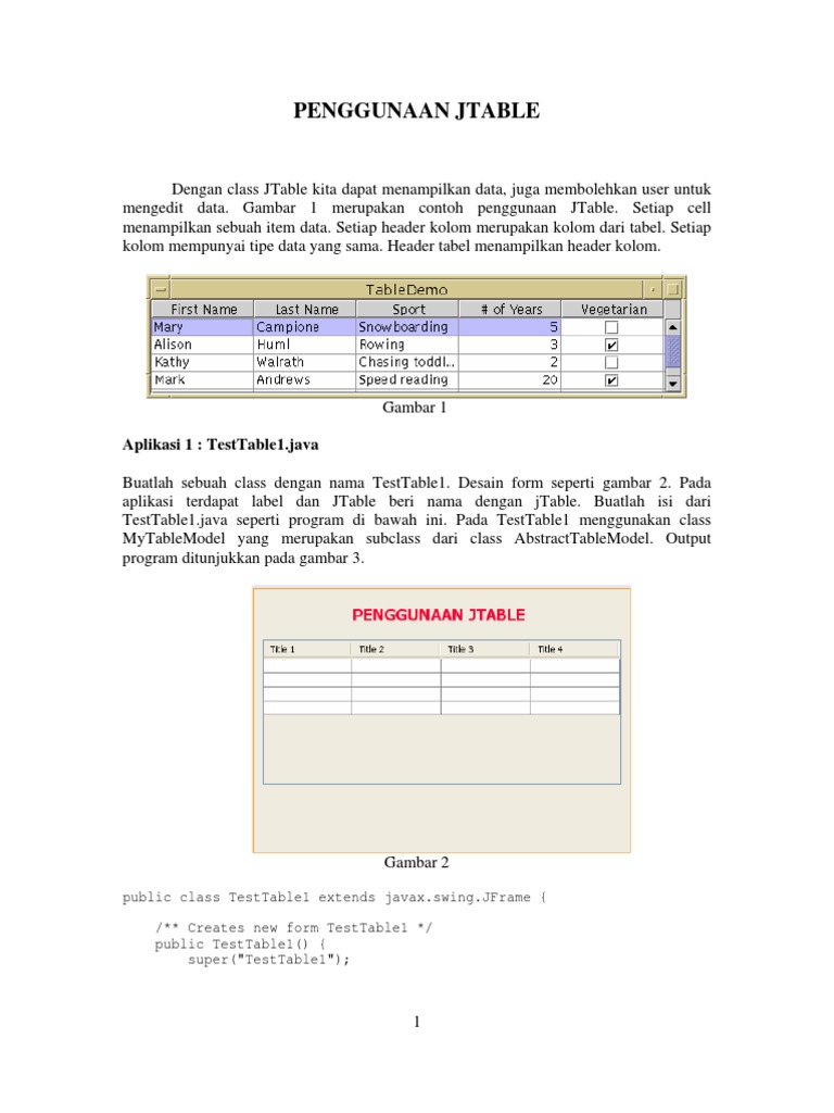 Panduan Penggunaan JTable di Java | PDF | Metode & Bahan Ajar | Komputer
