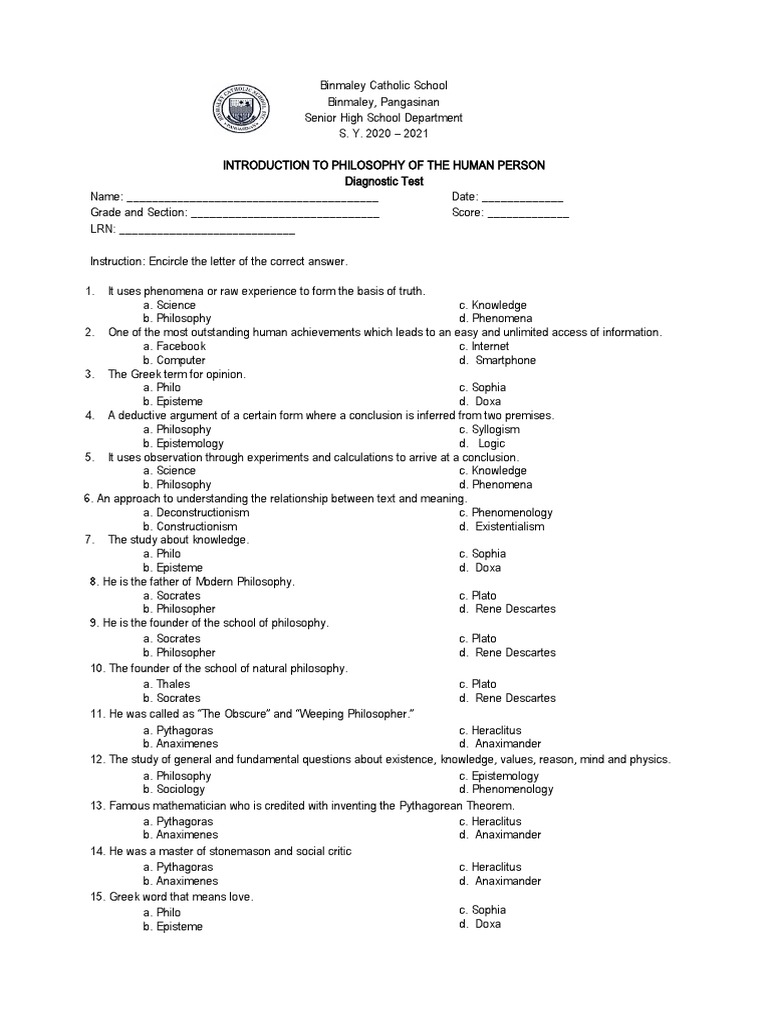 Diagnostic Test in Philosophy | PDF | Metaphysics | Reason