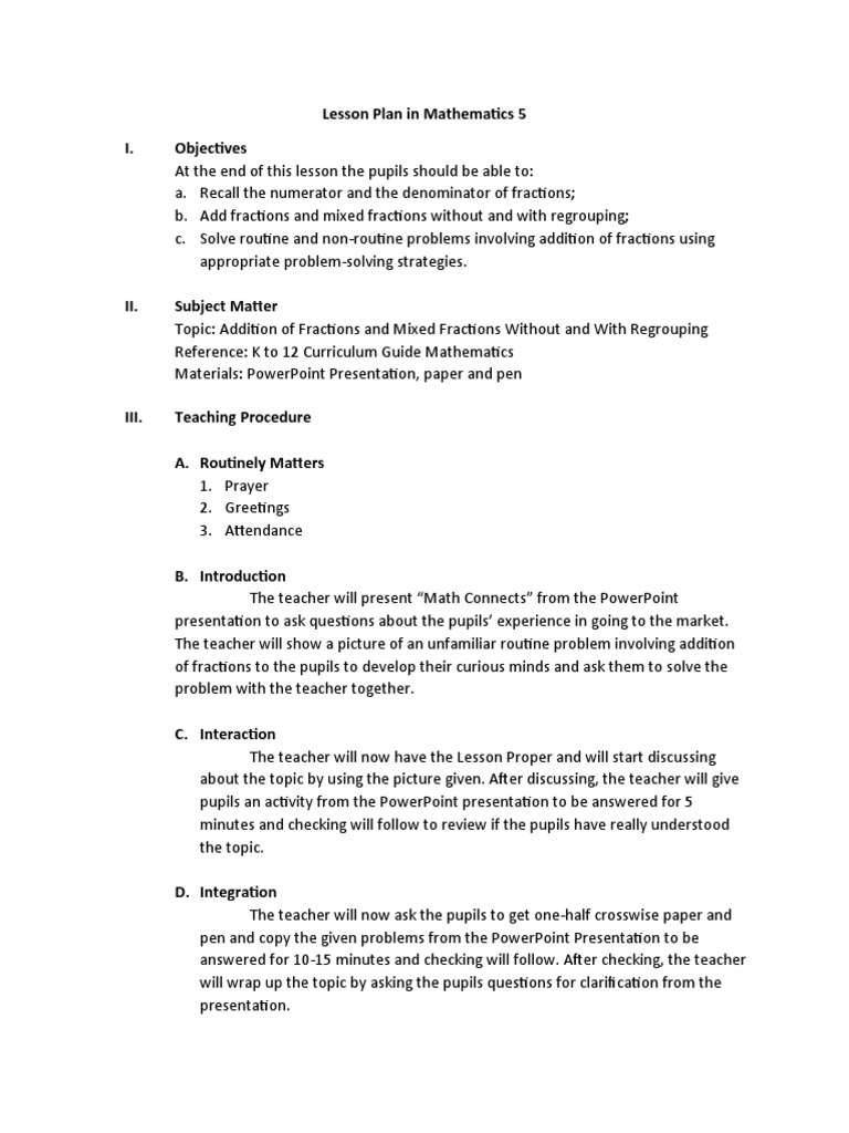 Lesson Plan in Mathematics 5 I. Objectives | PDF