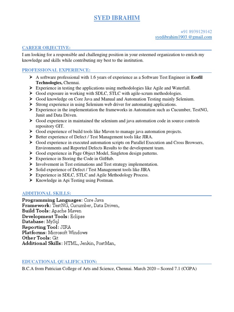 Syed Ibrahim's Resume - Software Test Engineer with Selenium experience ...