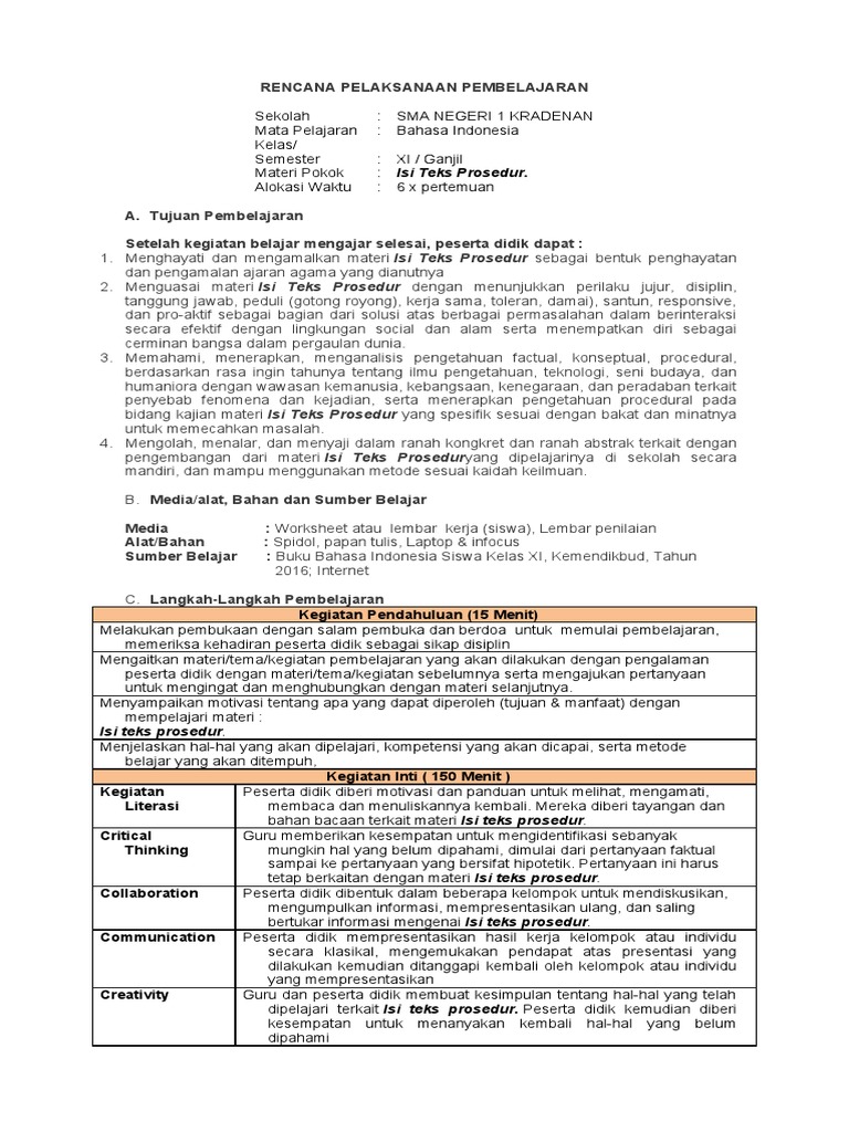 RPP Bahasa Indonesia Kelas Xi | PDF | Karier & Perkembangan