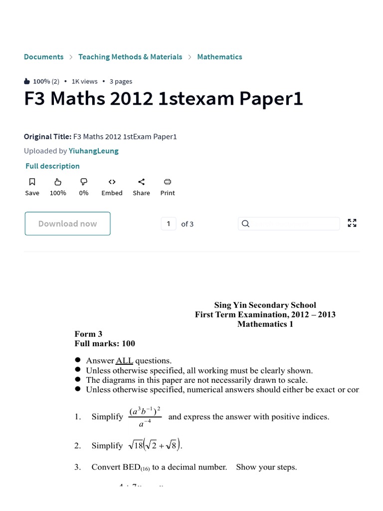 Sing Yin F3 Maths 2012 1stexam Paper1 - PDF - Teaching Mathematics ...