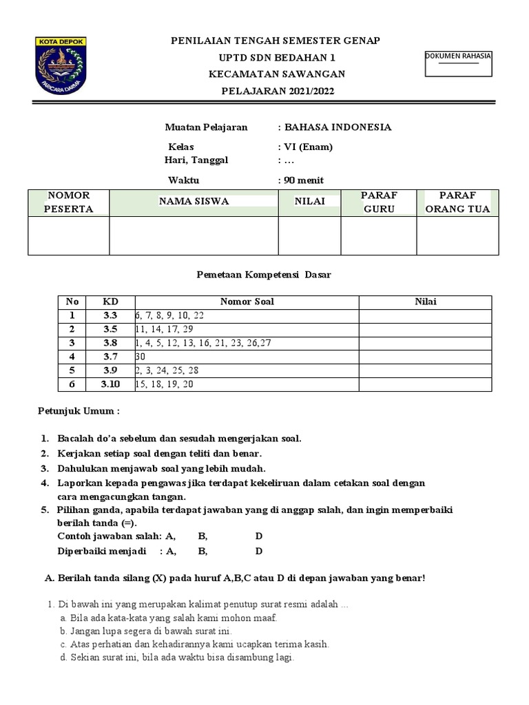 Soal PTS B.indonesia Kelas 6 Semester Genap | PDF