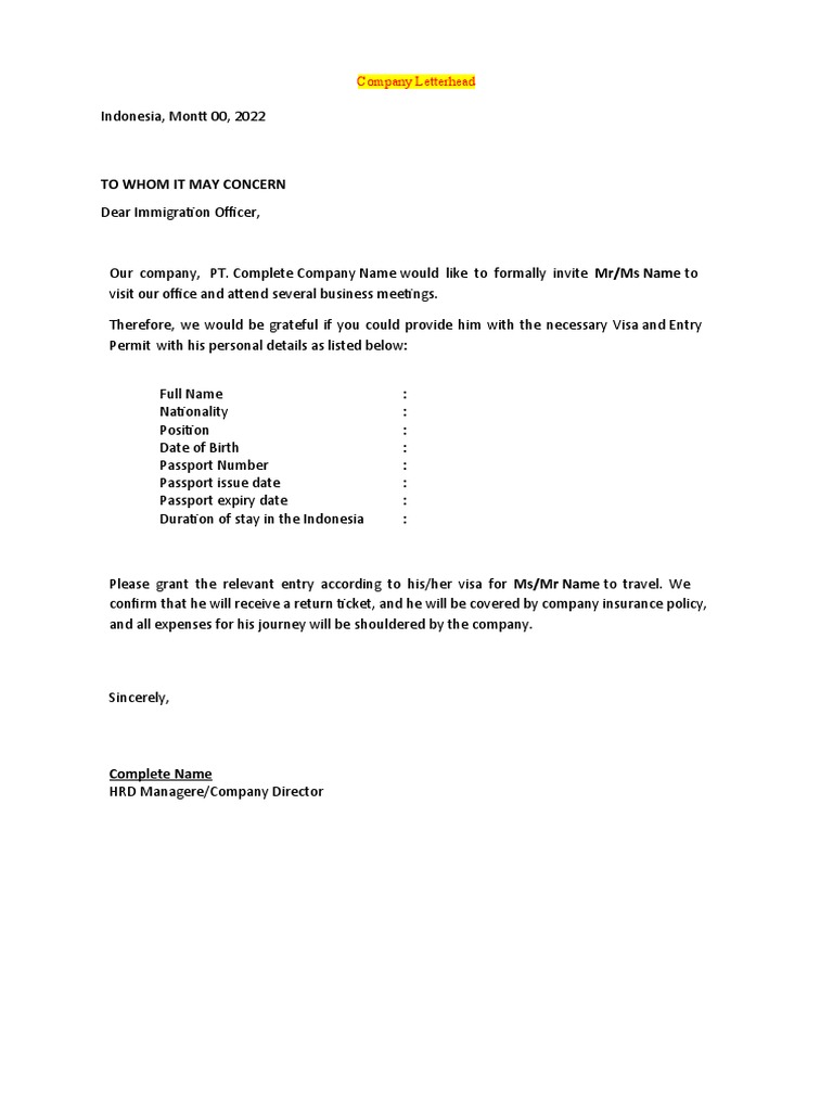 Invitation Letter Sample For Immigration Entry To Indonesia | PDF