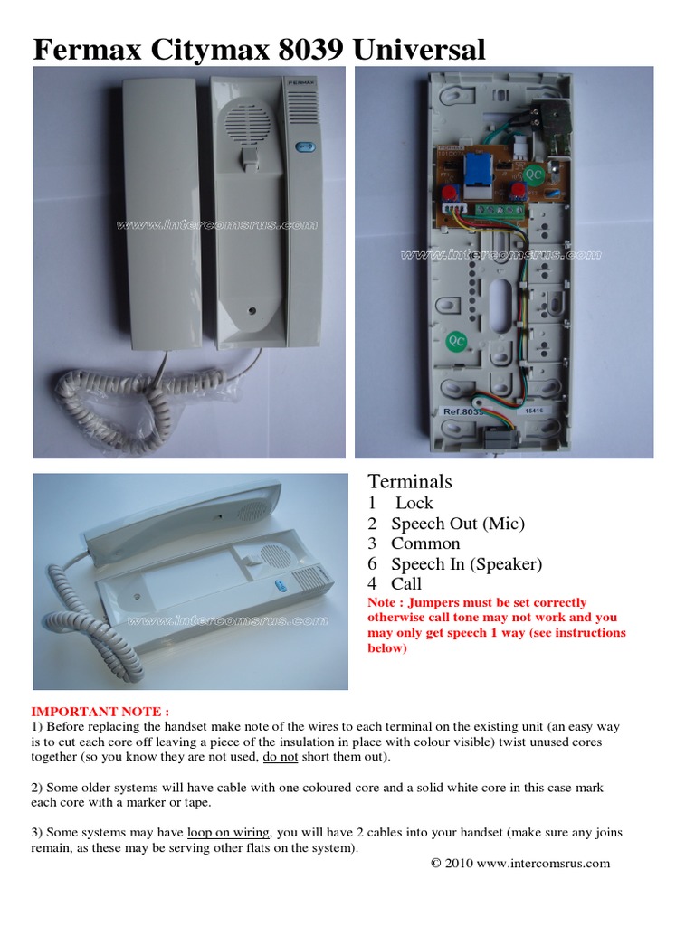Fermax CityMax 8039 Universal Intercom Handset Data Sheet | PDF