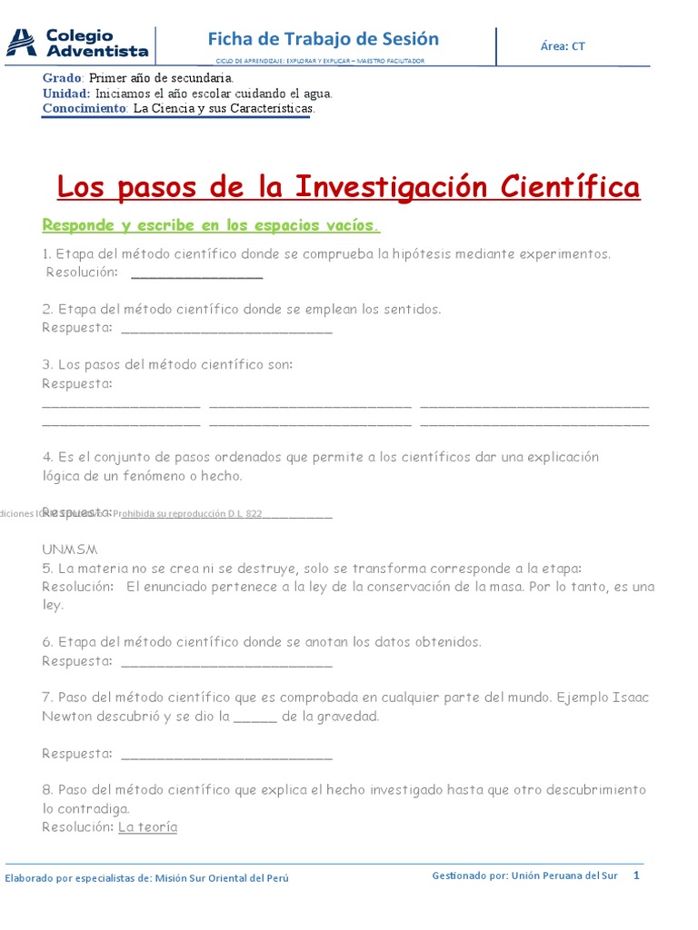 Ficha de Trabajo Método Científico | PDF | Método científico | Metodología
