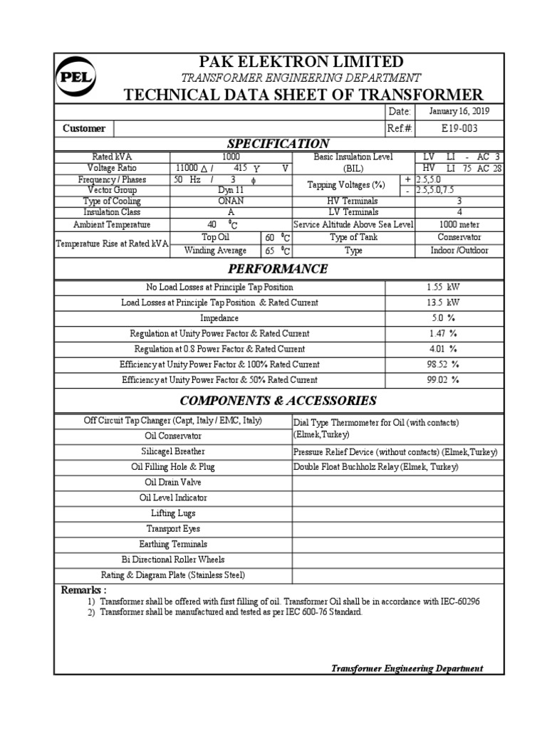 Pak Elektron Limited Technical Data Sheet of Transformer: Specification ...