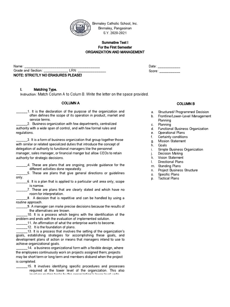 Organization and Management Test | PDF | Goal | Evaluation