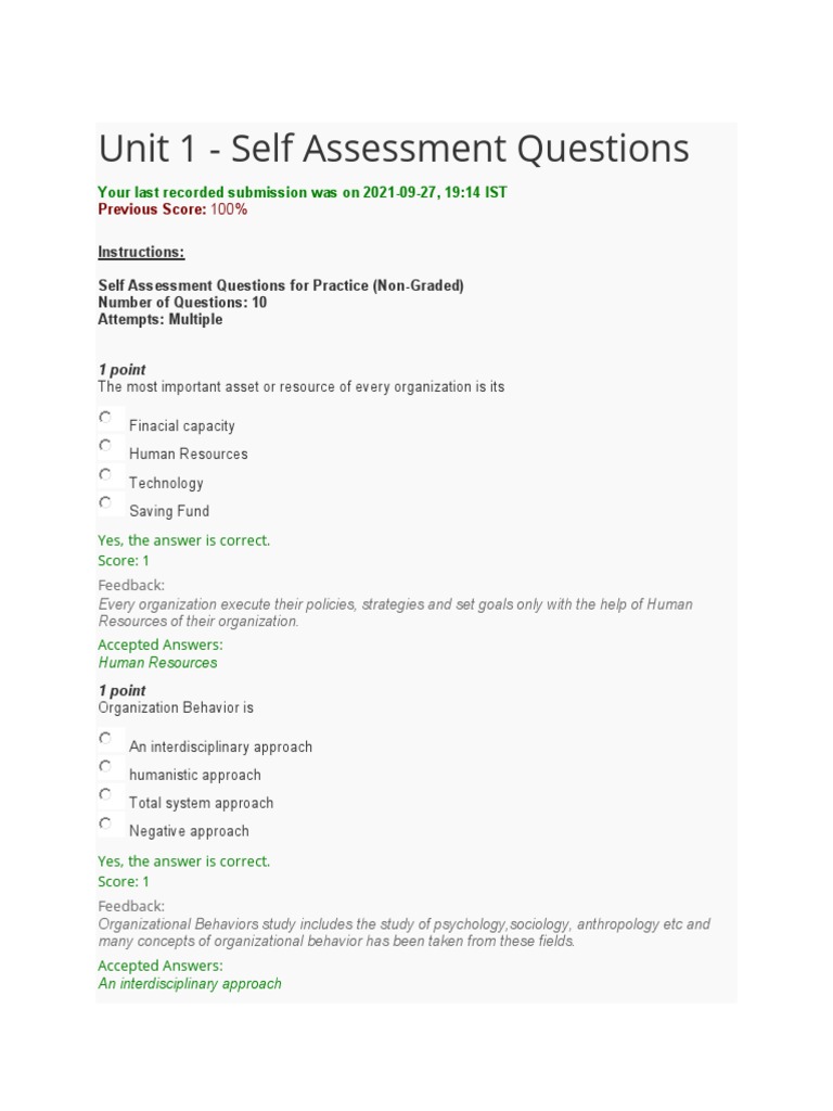 Unit 1 - Self Assessment Questions: Your Last Recorded Submission Was ...