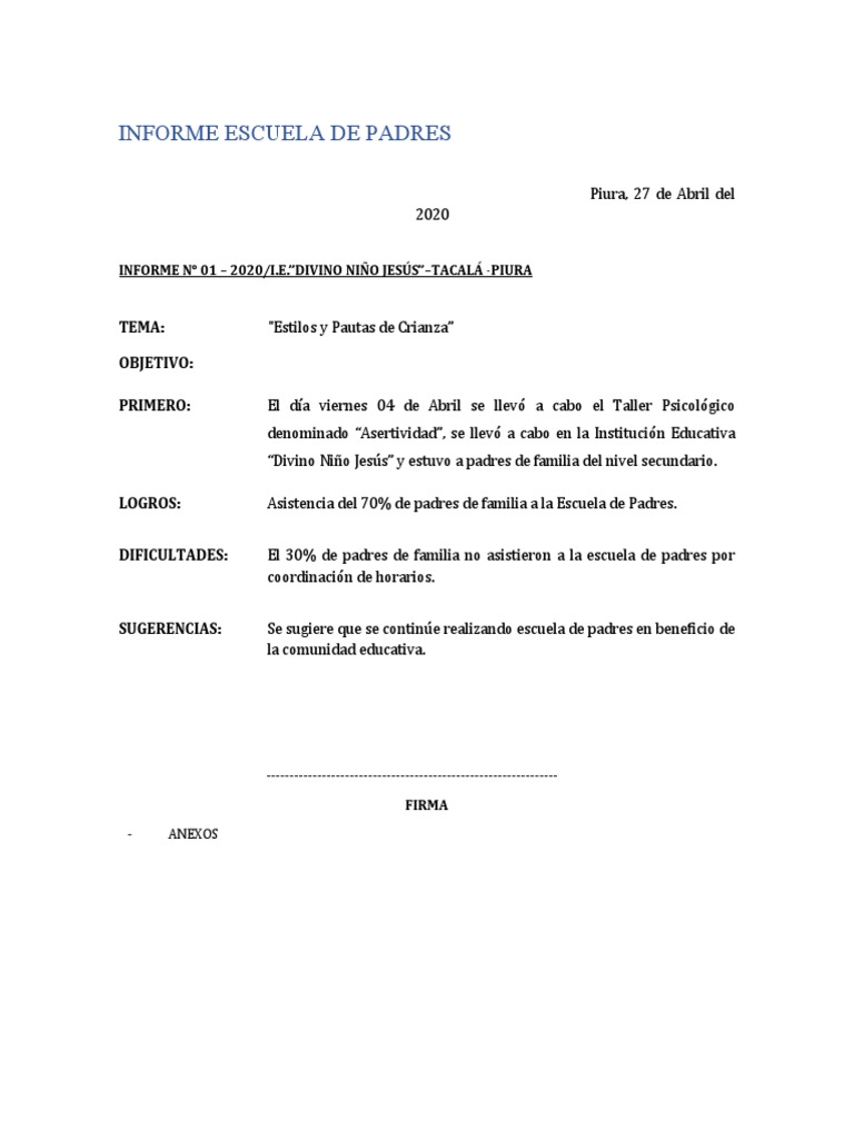 Informe Escuela de Padres 2020 | PDF