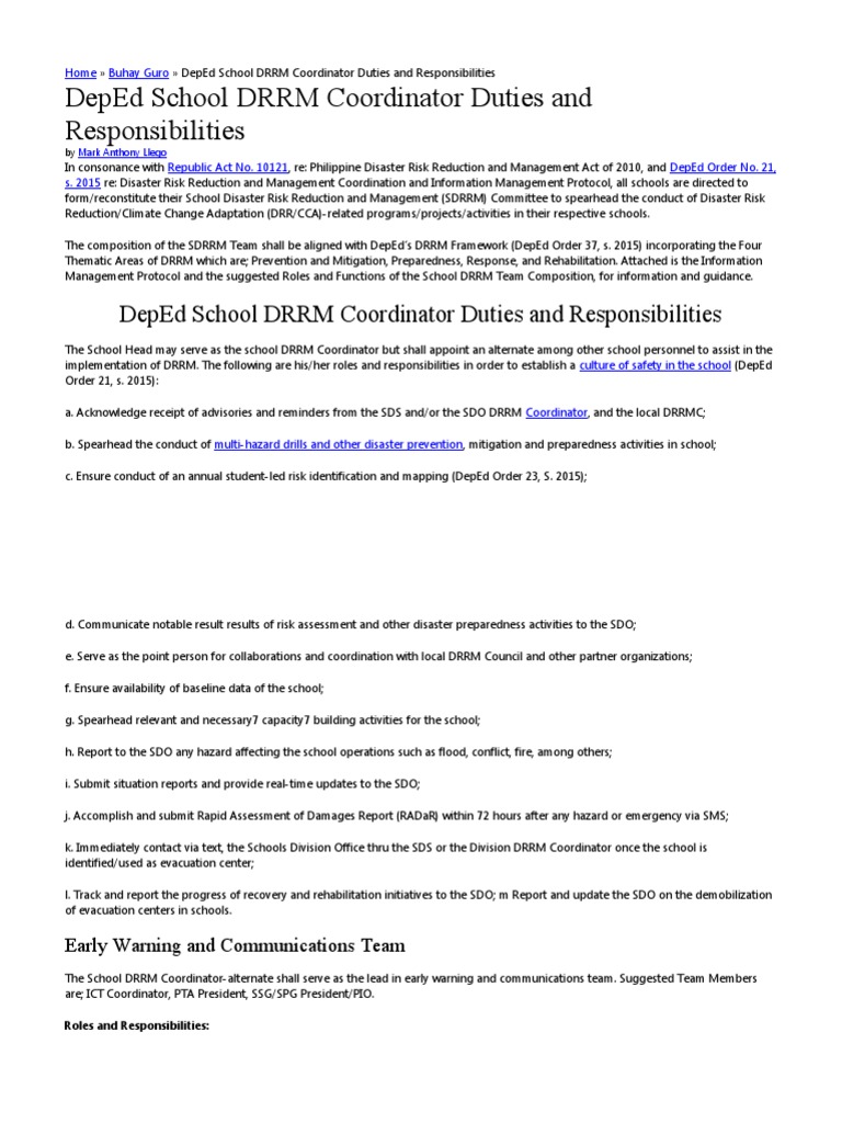 Deped School DRRM Coordinator Duties and Responsibilities | PDF ...