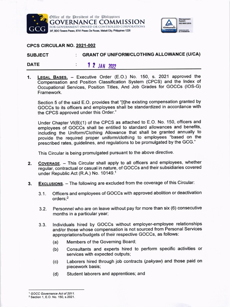 GOCC Uniform Allowance Standardized | PDF | Employment | Textiles