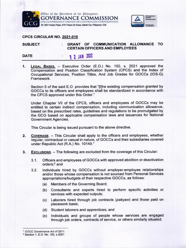 CPCS 2021-010 Grant of Communication Allowance To Certain Officers and ...