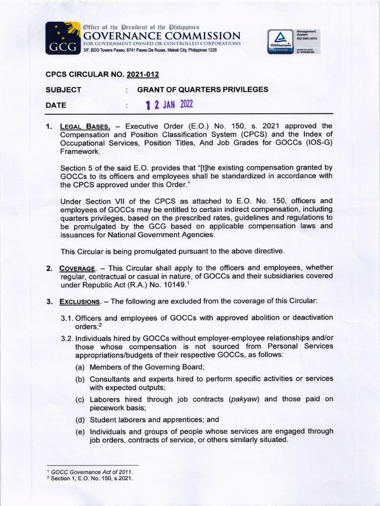 Standardizing Quarters Privileges for Officers and Employees of ...