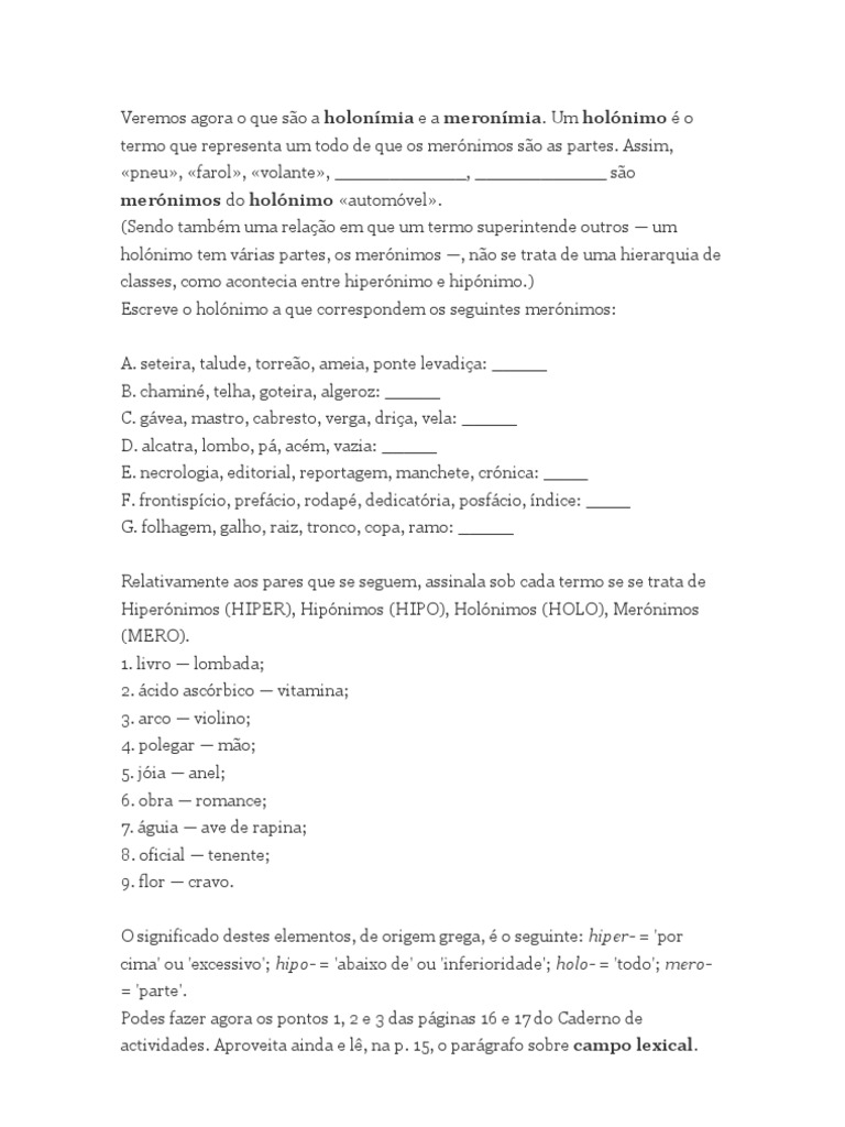 Holonímia e A Meronímia | PDF | Estudos de Línguas Estrangeiras
