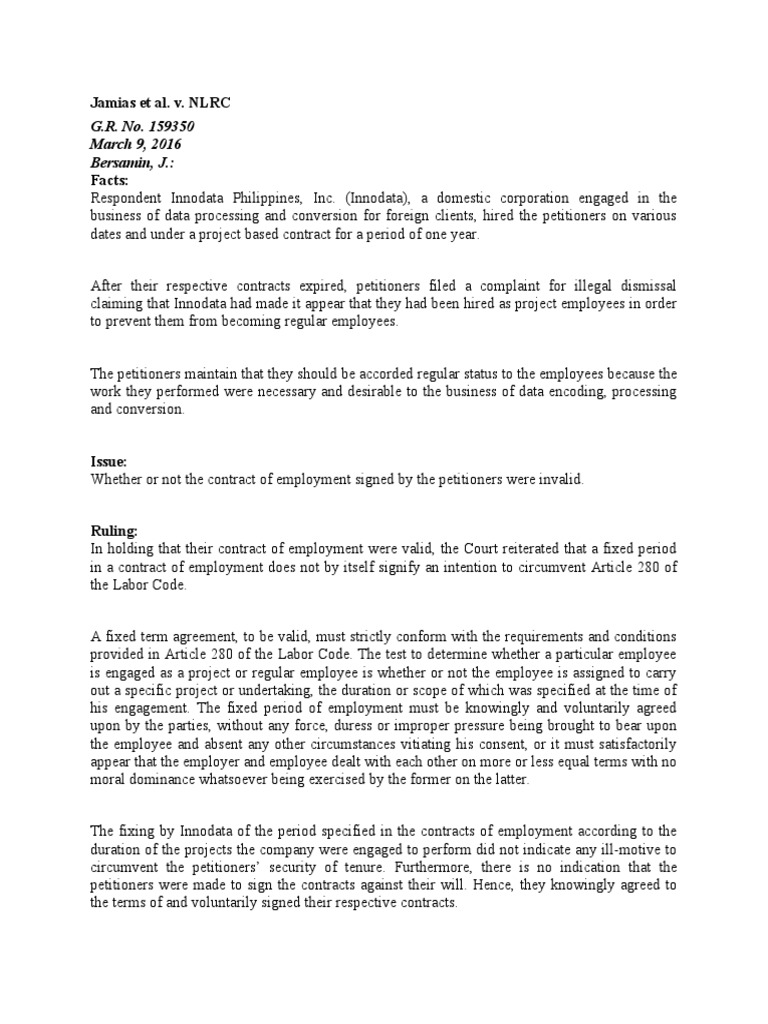 G.R. No. 159350 March 9, 2016 Bersamin, J.:: Jamias Et Al. v. NLRC | PDF | Employment | Labour Law