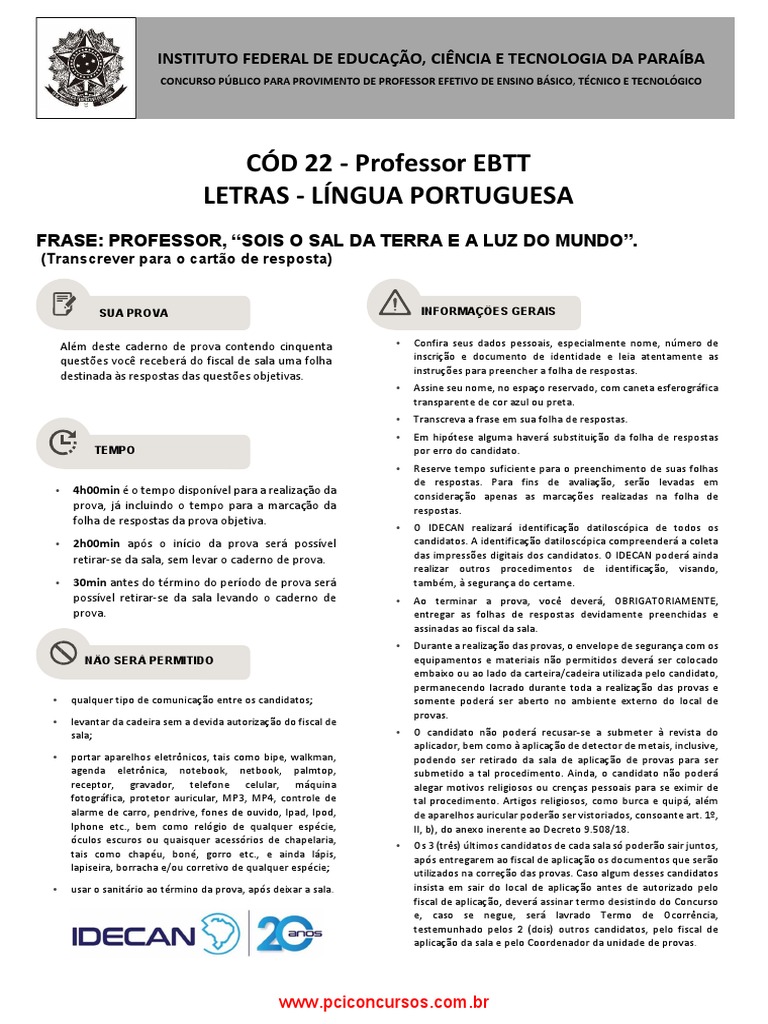 Prova Idecan IFPB 2019 Português | PDF