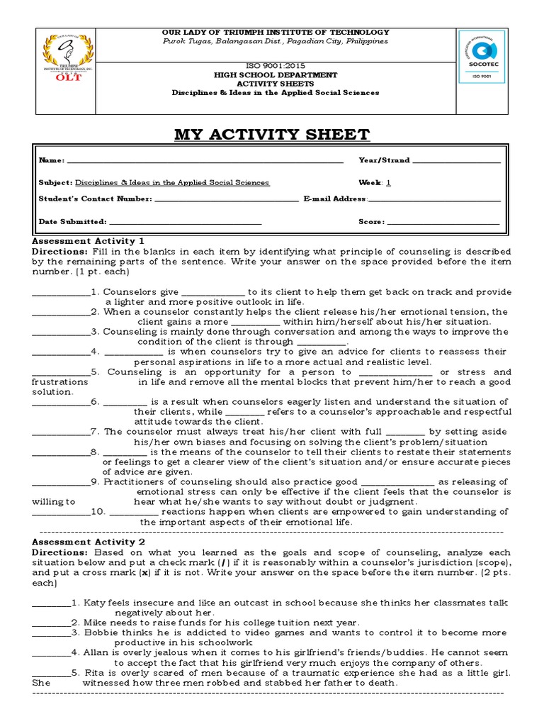 Activity Sheet DIASS Q1, W1 1ST-2021 2022 | PDF