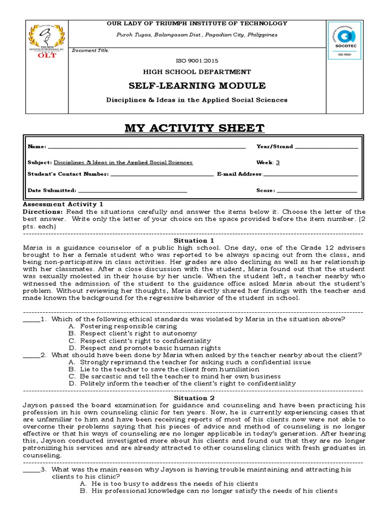 Activity Sheet DIASS Q1, W3 1ST-2021 2022 | PDF | School Counselor ...