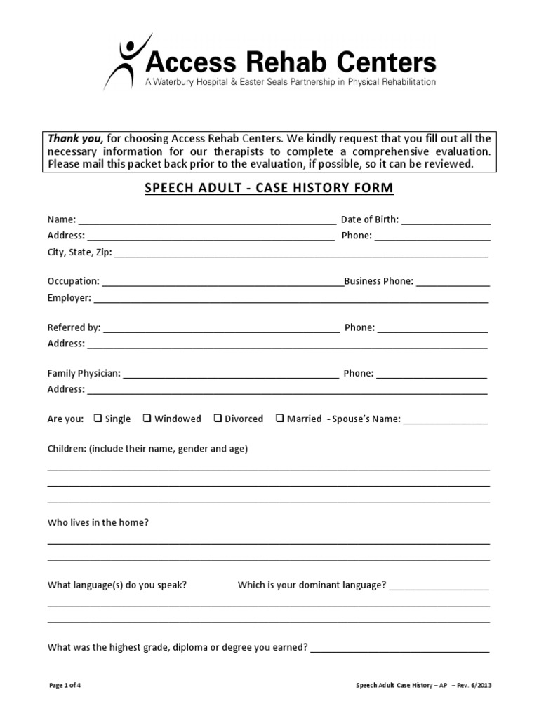 Speech Adult Case History Form | PDF | Hearing Loss | Physical Therapy