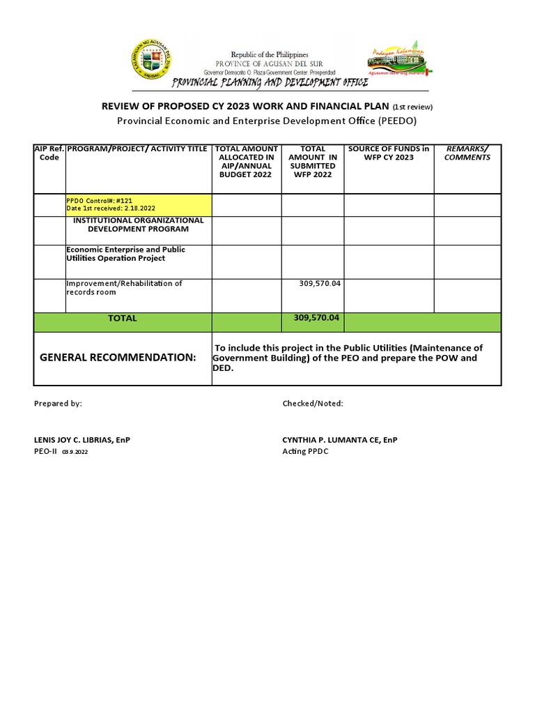 Work and Financial Plan Review Sheet | PDF