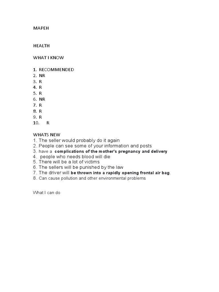 Mapeh Health What I Know 1. Recommended 2. NR 3. R 4. R 5. R 6. NR 7. R ...