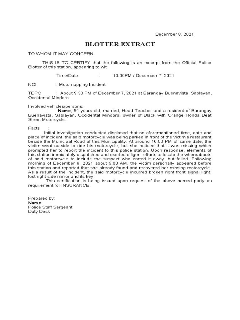 Blotter Extract: Name, 54 Years Old, Married, Head Teacher and A ...