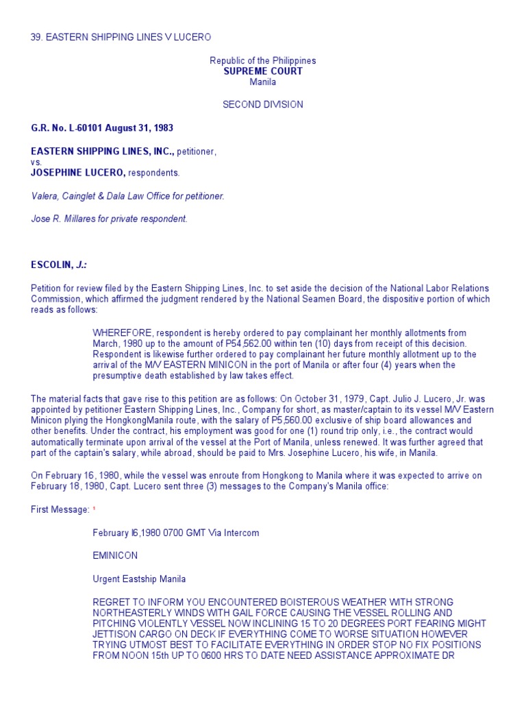 Eastern Shipping Lines V Lucero | PDF | Burden Of Proof (Law) | Common Law