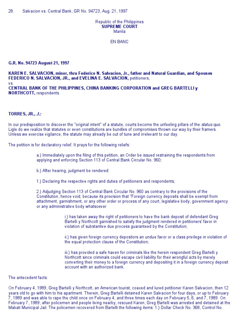 Salvacion vs. Central Bank Case Summary | PDF | Banks | Lawsuit