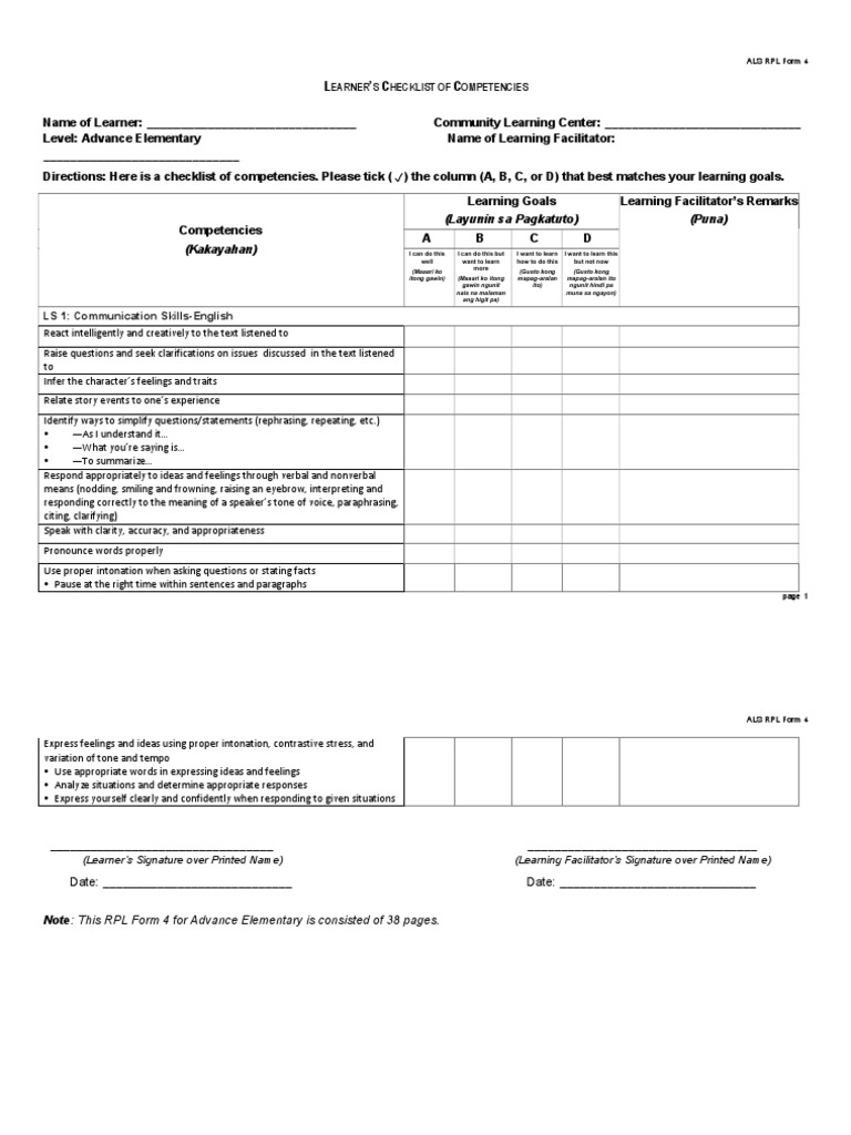 RPL 4 - Learner - S Checklist of Competencies (AE) | PDF | Nonverbal ...