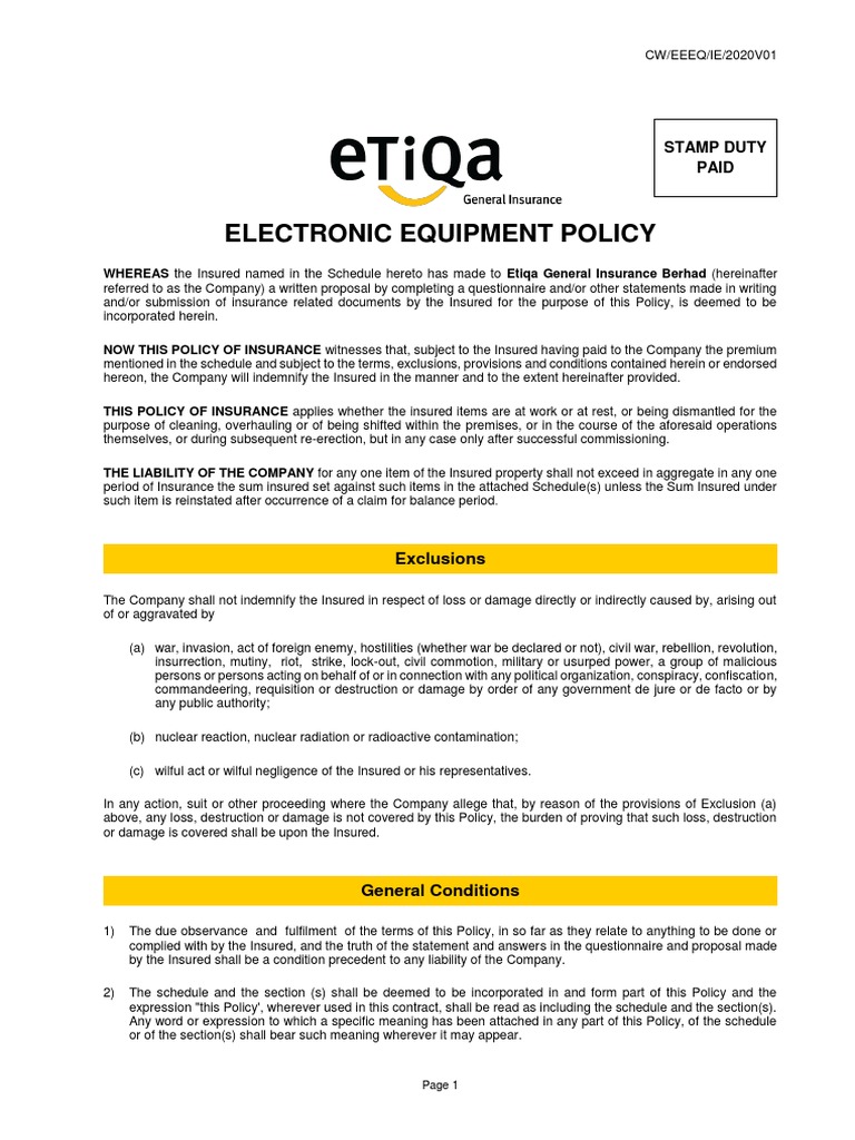 Electronic Equipment Insurance Policy | PDF | Indemnity | Insurance
