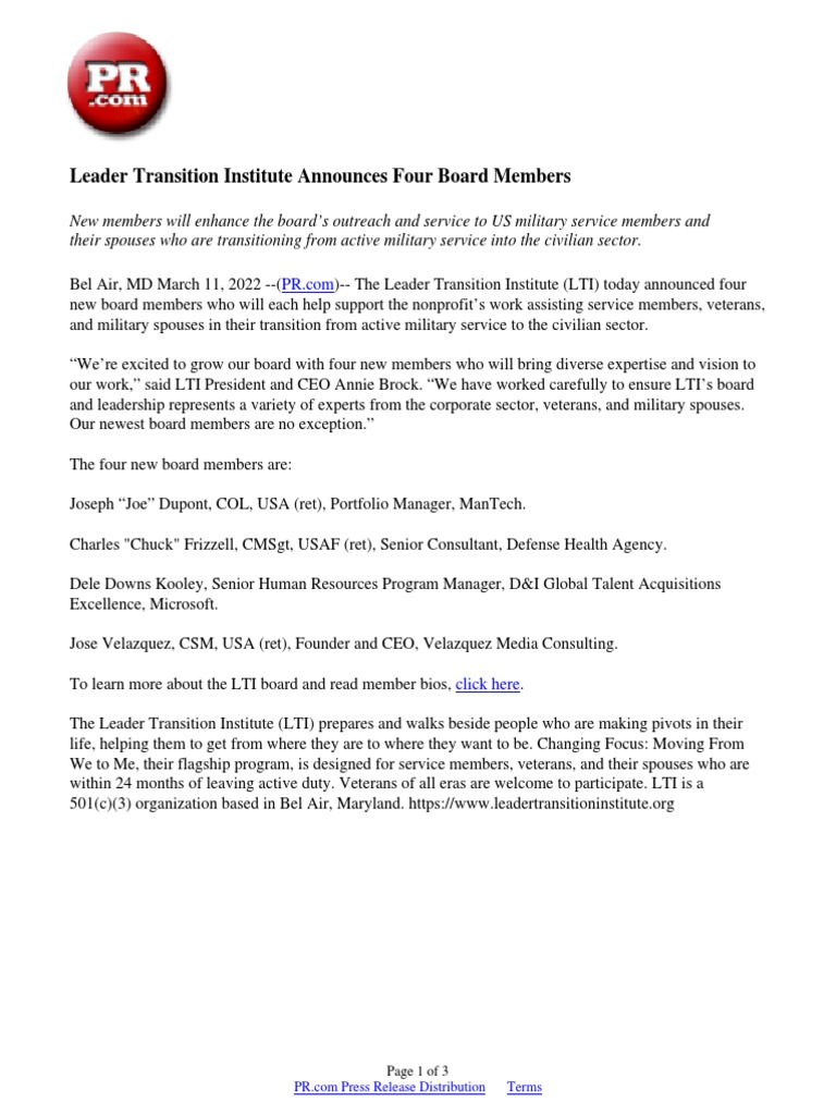 New Board Members for Leader Transition Institute | PDF | Social Science