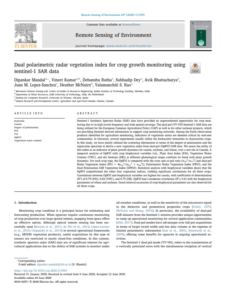 Dual Polarimetric Radar Vegetation Index For Crop Growth Monitoring Using Sentinel-1 SAR Data ...