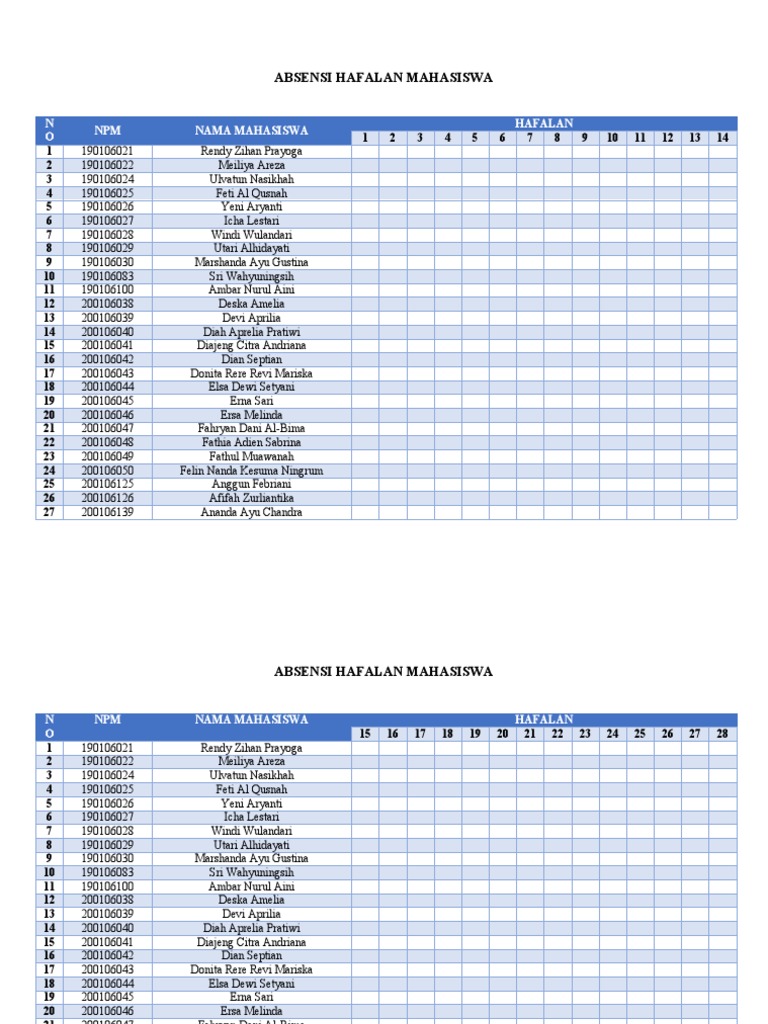(Format) Absensi Hafalan | PDF