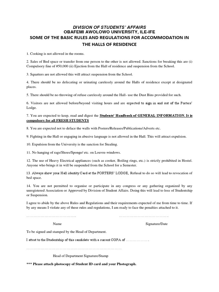 OAUN Residence Hall Rules | PDF