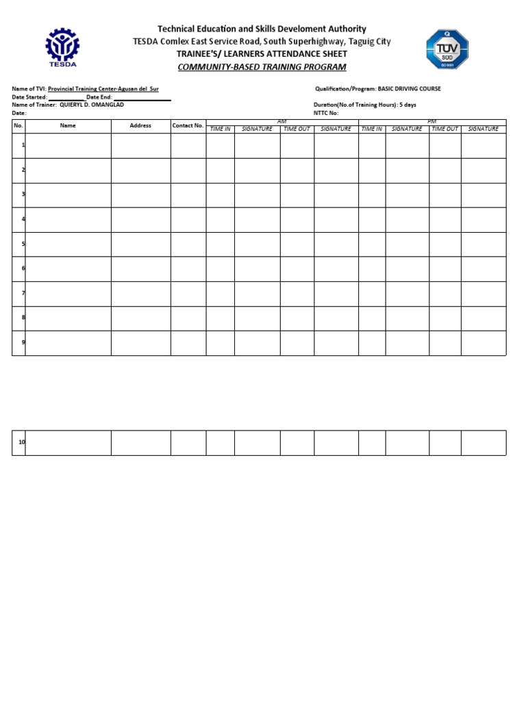 TESDA Trainee Attendance Sheet Template | PDF