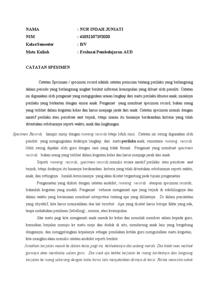Evaluasi-Catatan Specimen | PDF