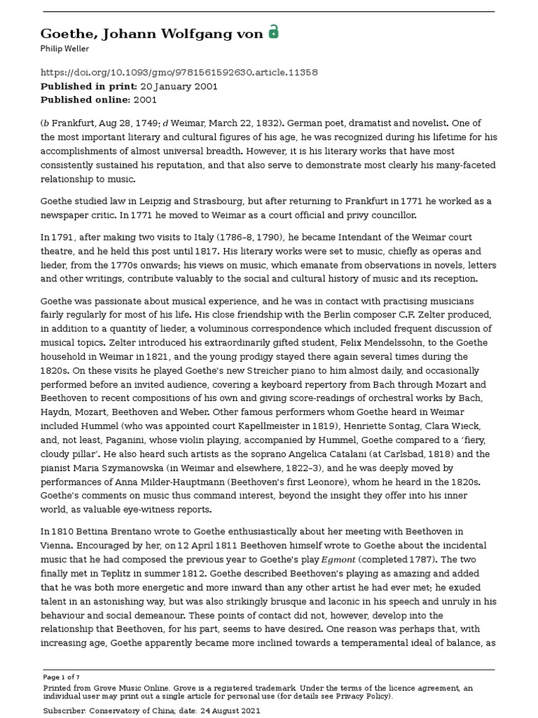 Goethe, Johann Wolfgang Von: Published in Print: 20 January 2001 ...