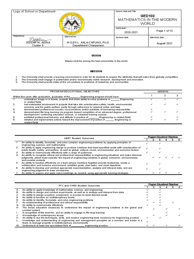 GED102 Mathematics Syllabus Overview | PDF | Engineering | Design