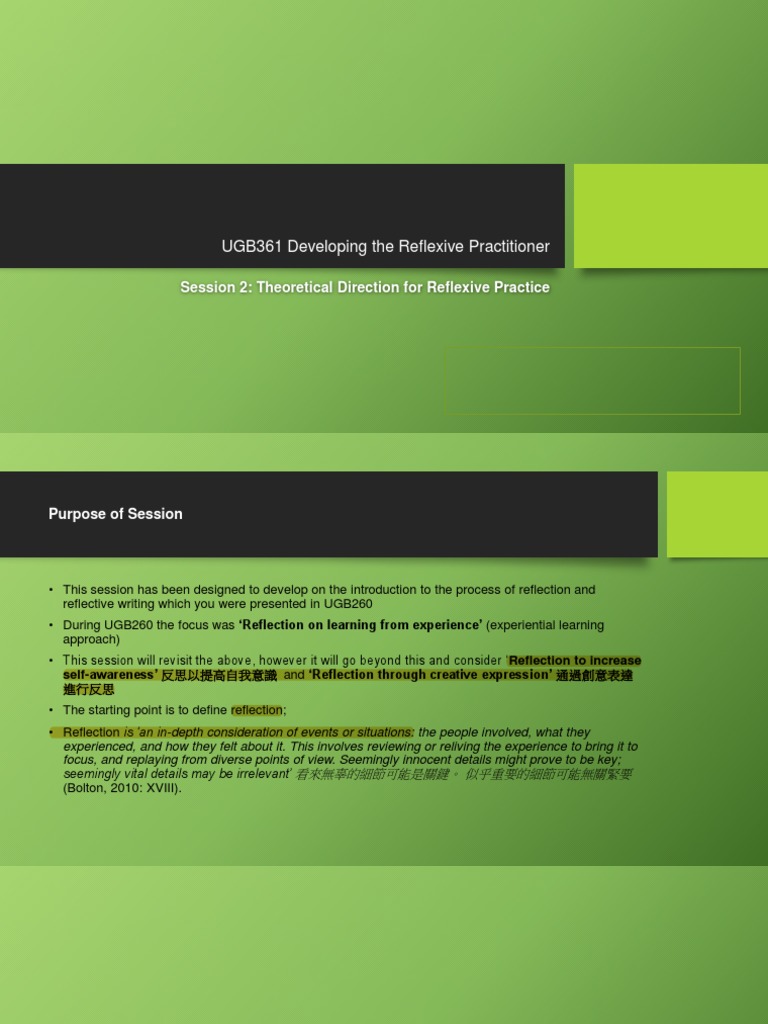 UGB361 Developing The Reflexive Practitioner: Session 2: Theoretical Direction For Reflexive ...